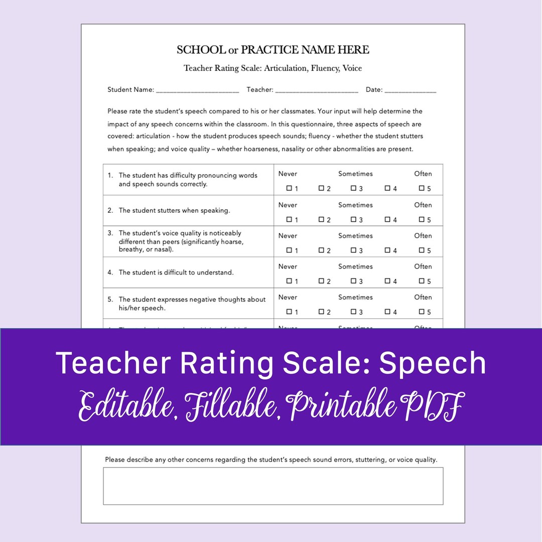 Teacher Rating Scale: Speech for Speech Therapy | Fillable, Printable ...