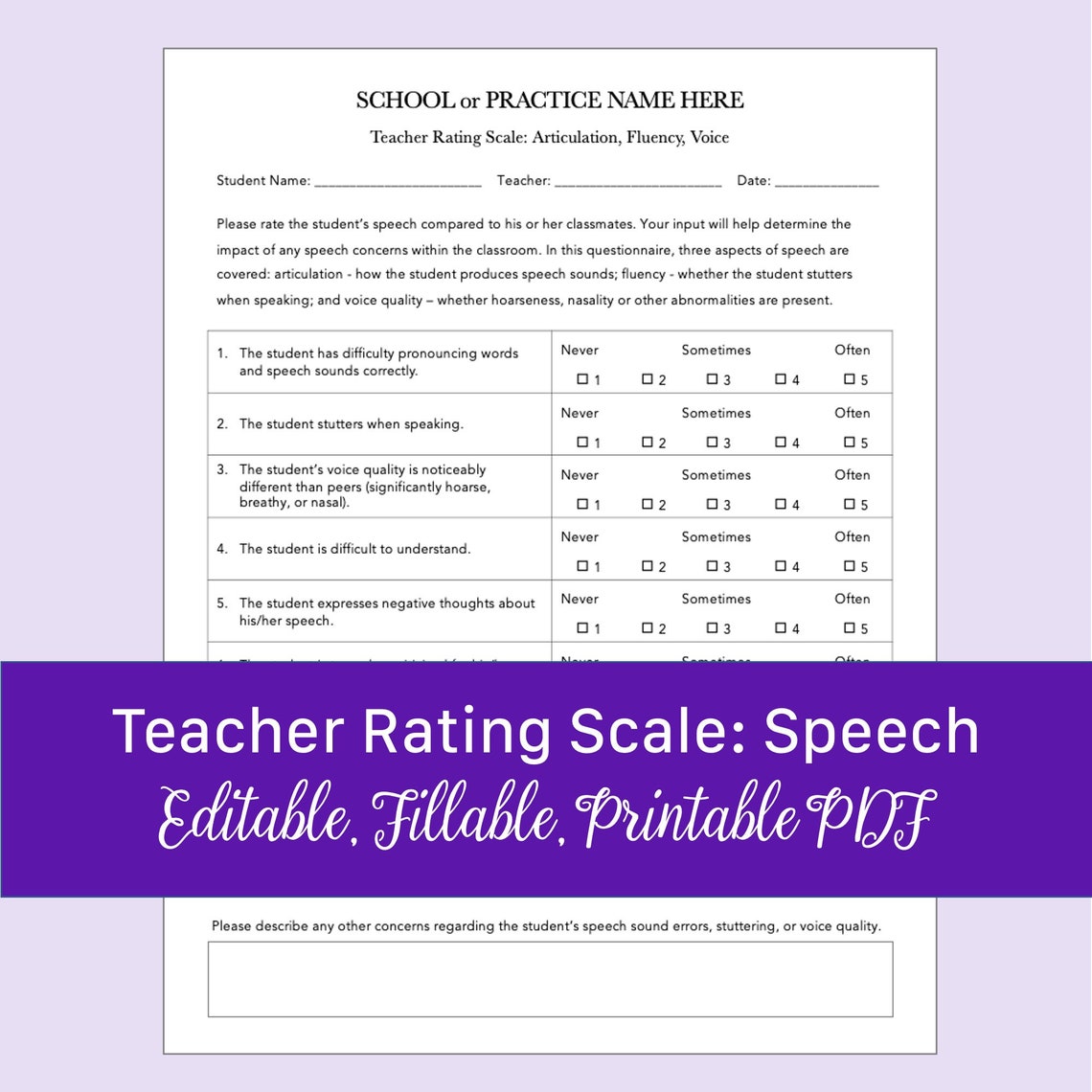 Teacher Rating Scale: Speech for Speech Therapy | Fillable, Printable ...