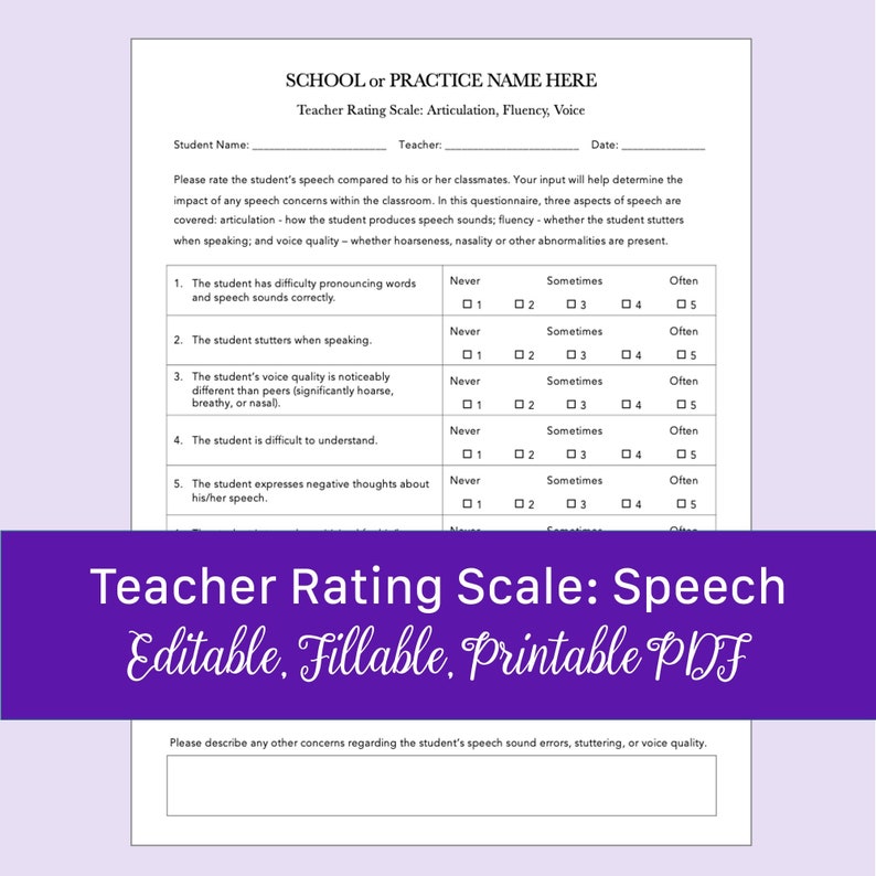 Teacher Rating Scale: Speech for Speech Therapy | Fillable, Printable ...
