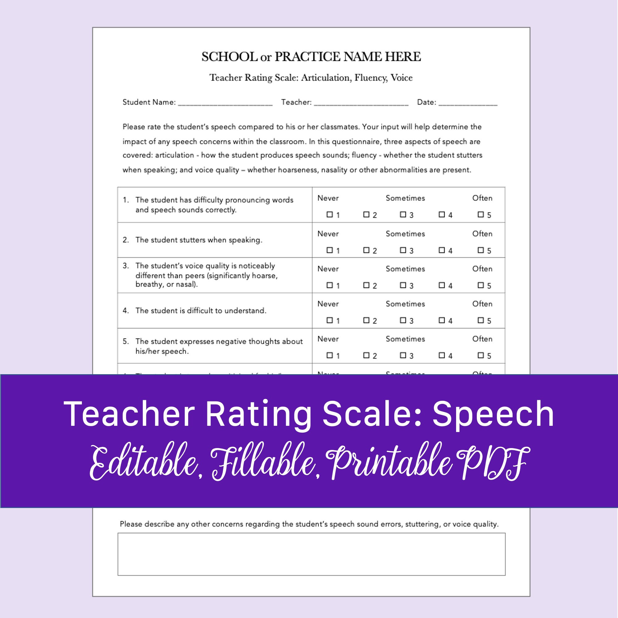 Teacher Rating Scale: Speech for Speech Therapy | Fillable, Printable ...
