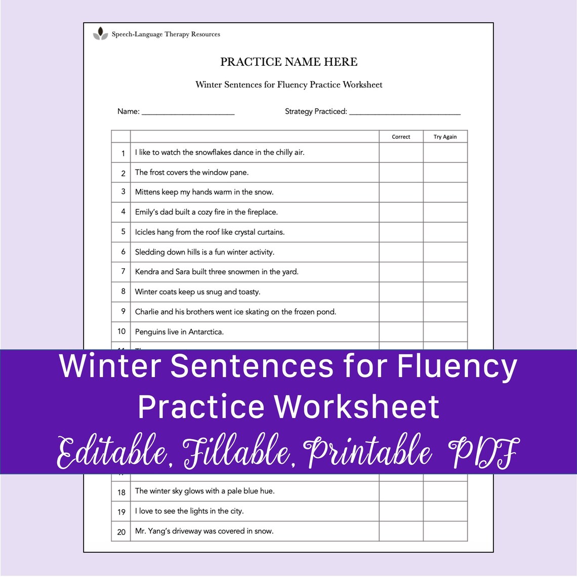 Winter Sentences for Fluency Practice Worksheet | Editable, Fillable ...