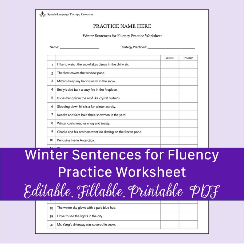 Winter Sentences for Fluency Practice Worksheet | Editable, Fillable ...
