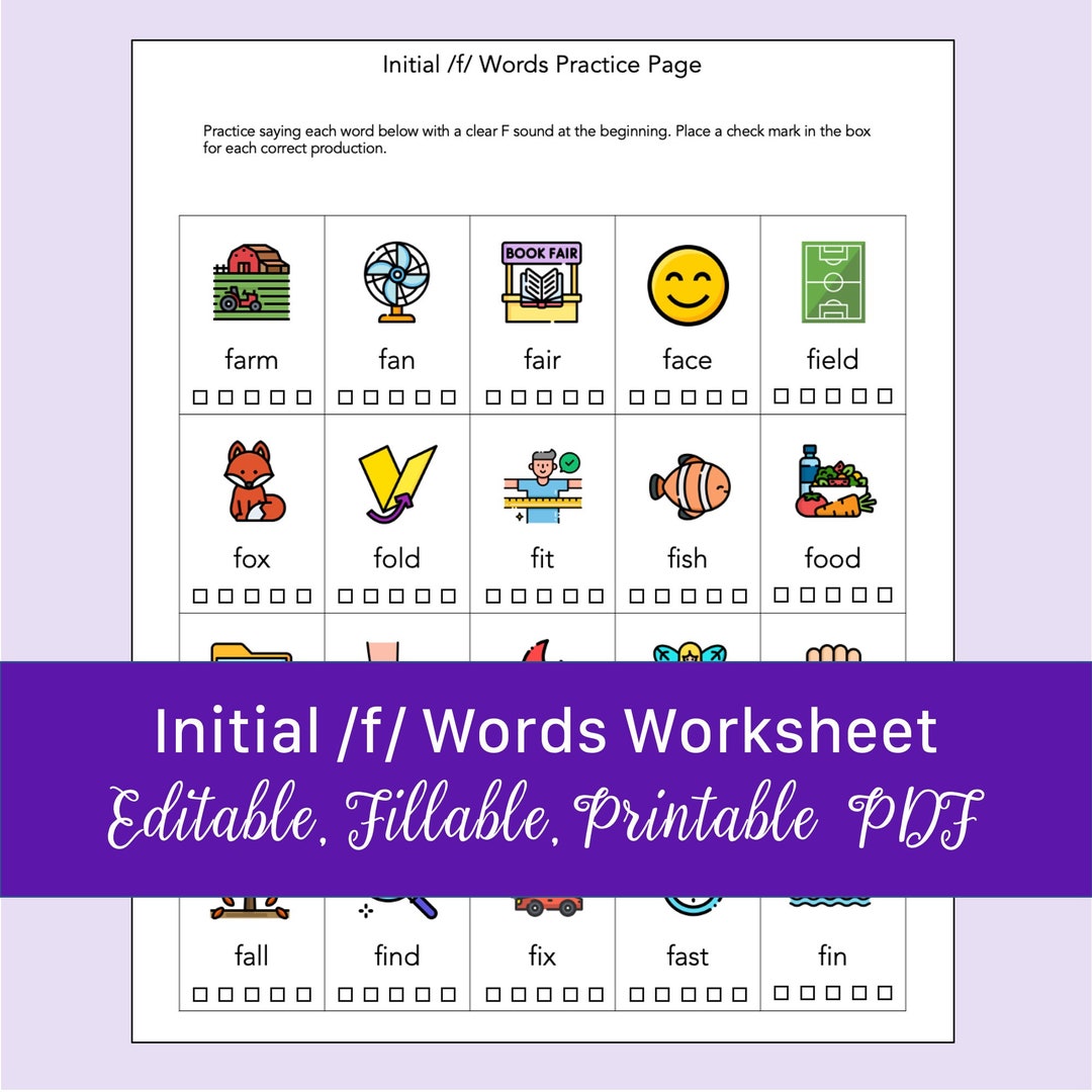 Initial /f/ Words Worksheet for Speech Therapy | Fillable PDF With ...