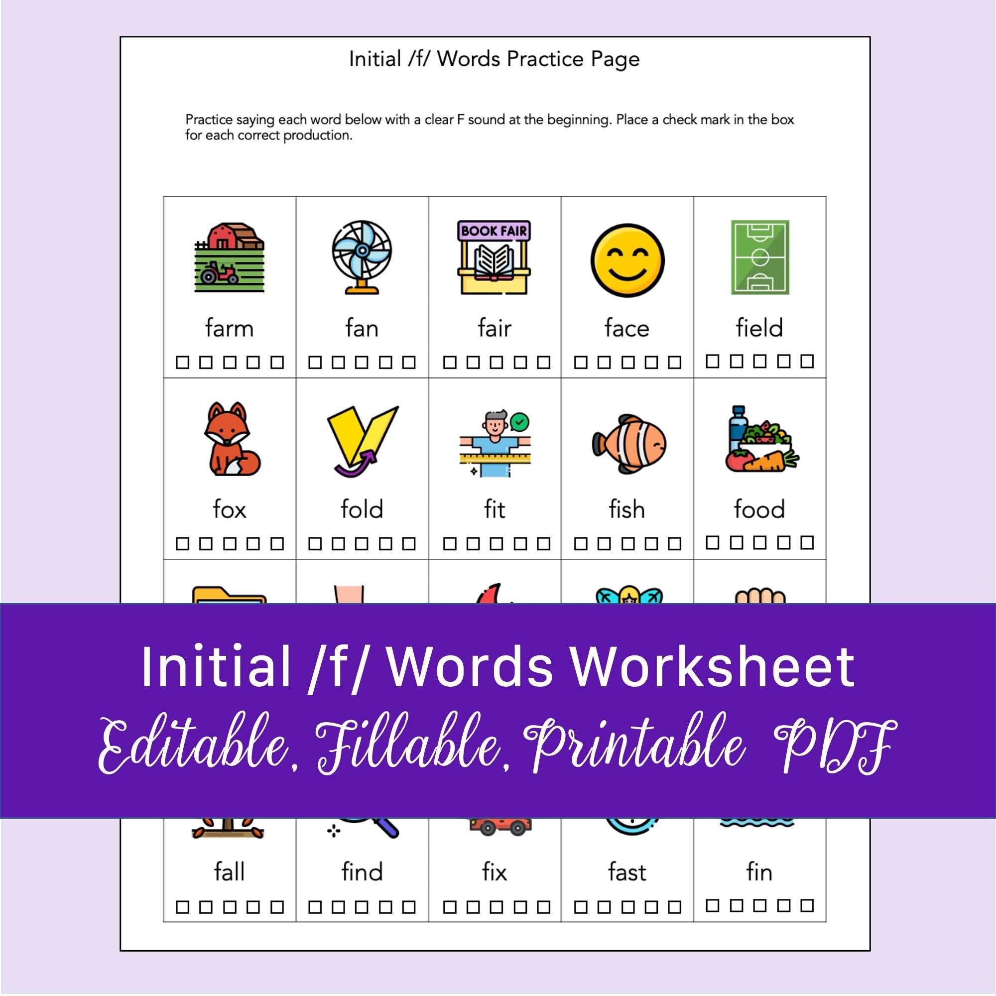 Initial /f/ Words Worksheet for Speech Therapy | Fillable PDF With ...