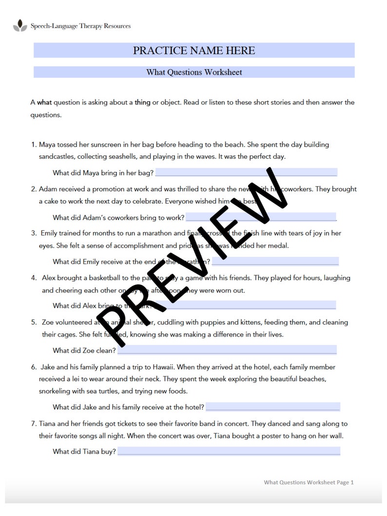 What Questions Speech Therapy Worksheet Fillable Printable - Etsy