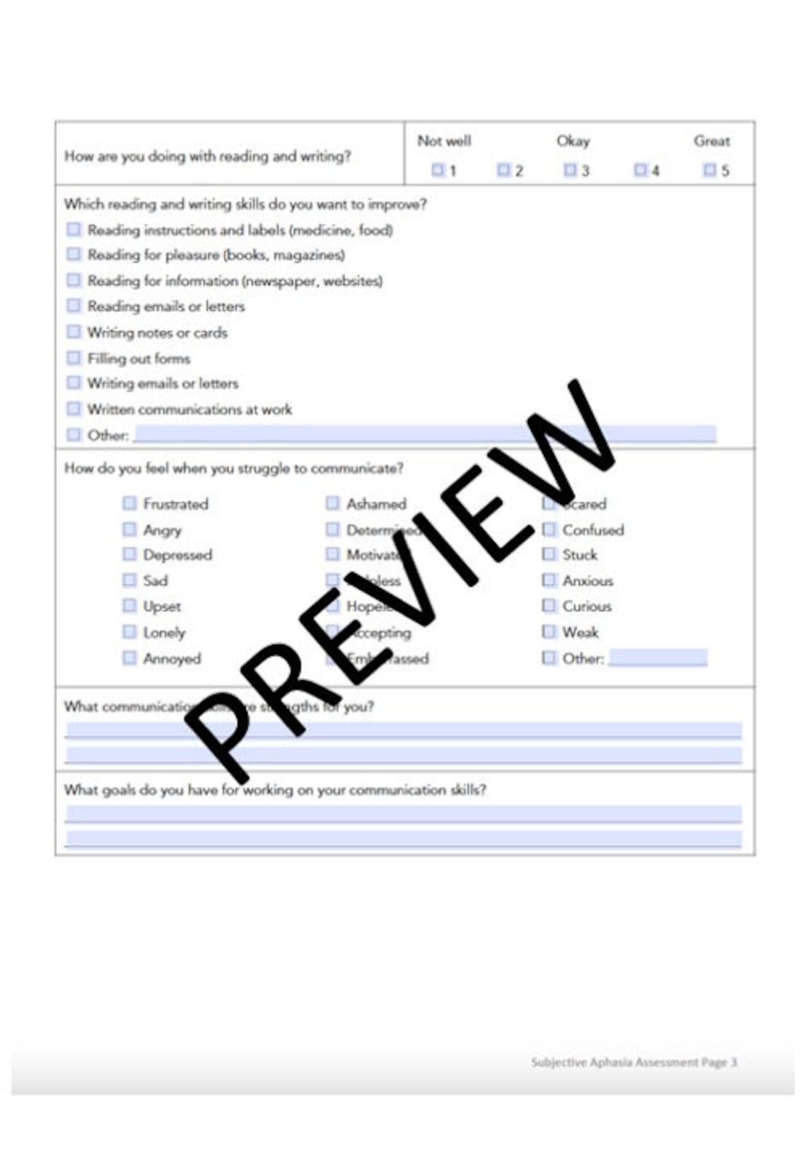 Subjective Aphasia Assessment for Speech Therapy | Editable, Fillable ...