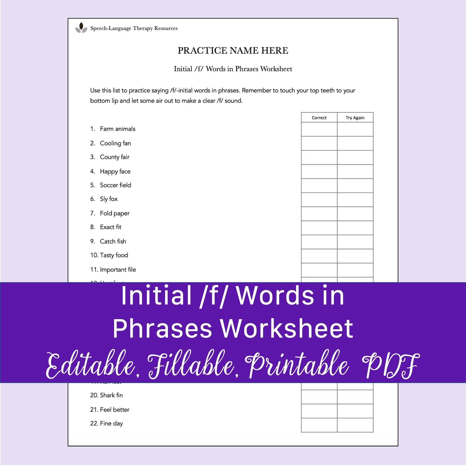 Initial /f/ Words in Phrases Worksheet for Speech Therapy | Printable ...