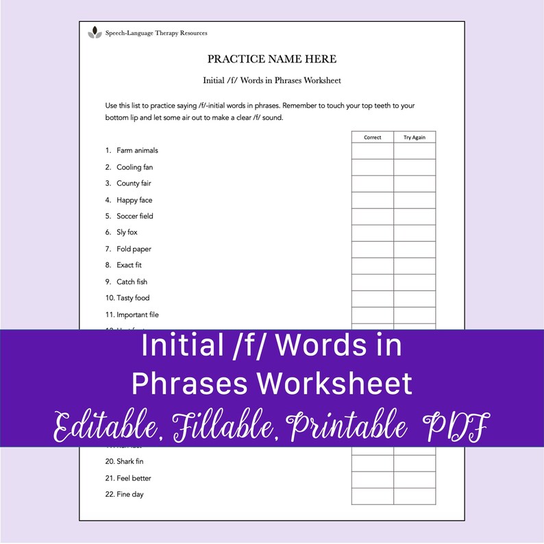 Initial /f/ Words in Phrases Worksheet for Speech Therapy | Printable ...