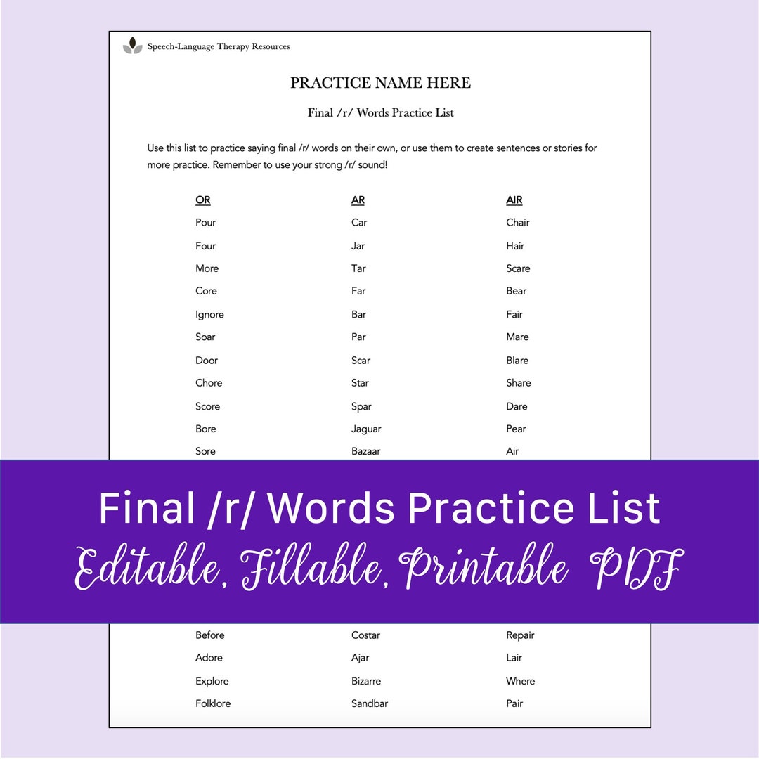 Final /r/ Words Practice List Speech Therapy Resource | Printable PDF ...