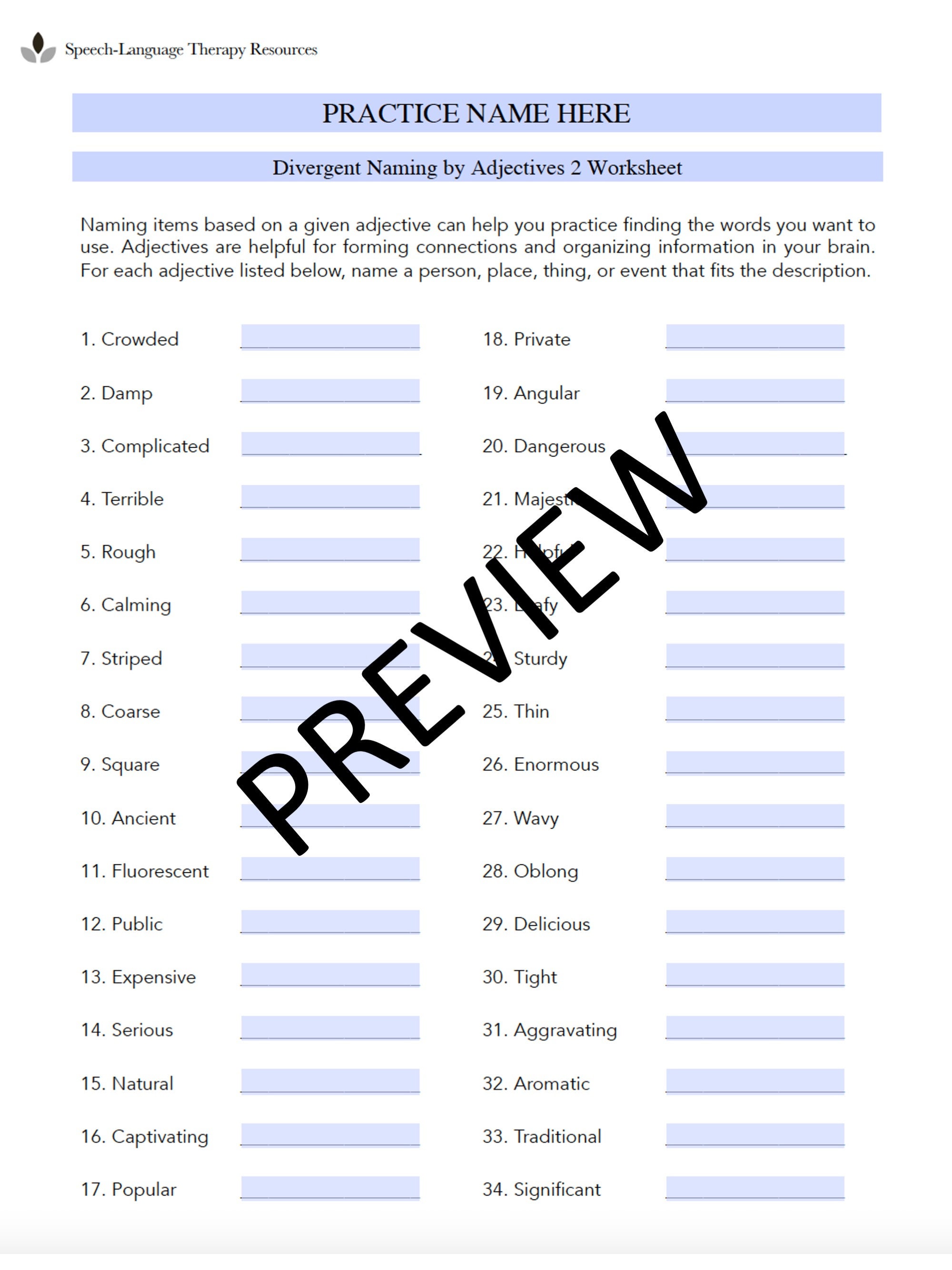 Divergent Naming by Adjectives Level 2 Speech Therapy Worksheet for ...
