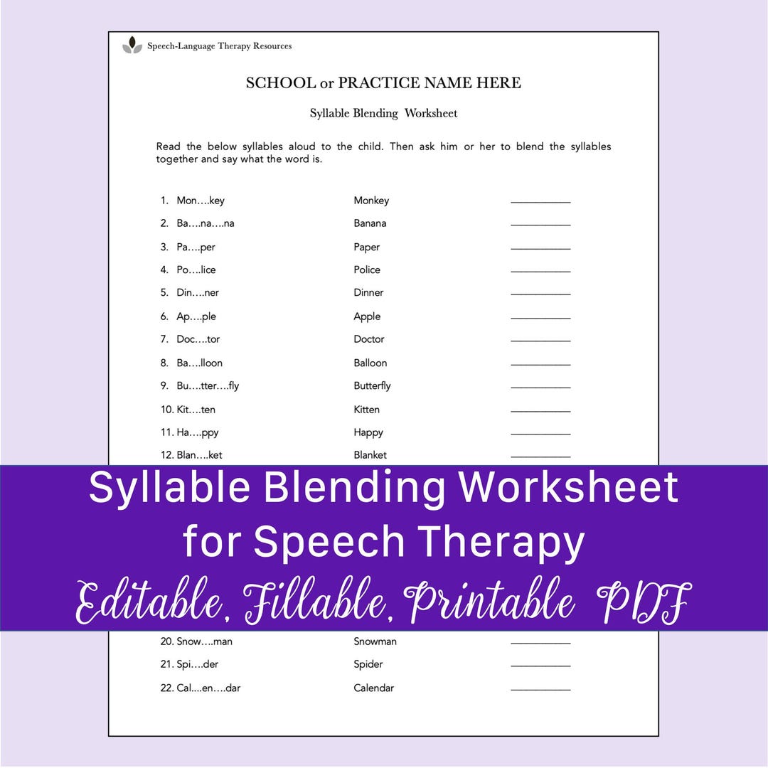 Syllable Blending Worksheet for Speech Therapy | Fillable, Printable ...