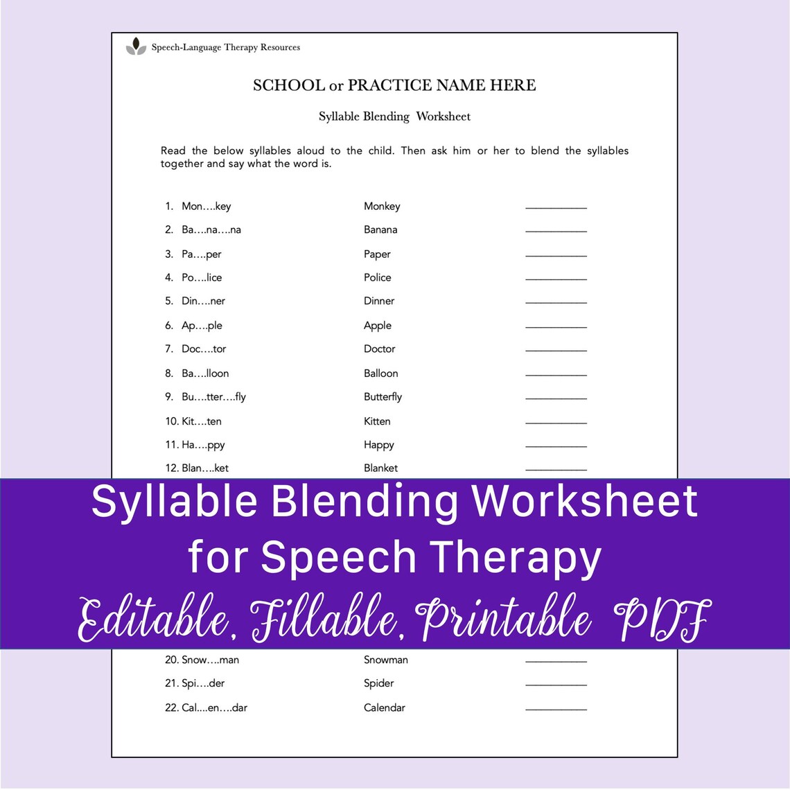 Syllable Blending Worksheet for Speech Therapy | Fillable, Printable ...