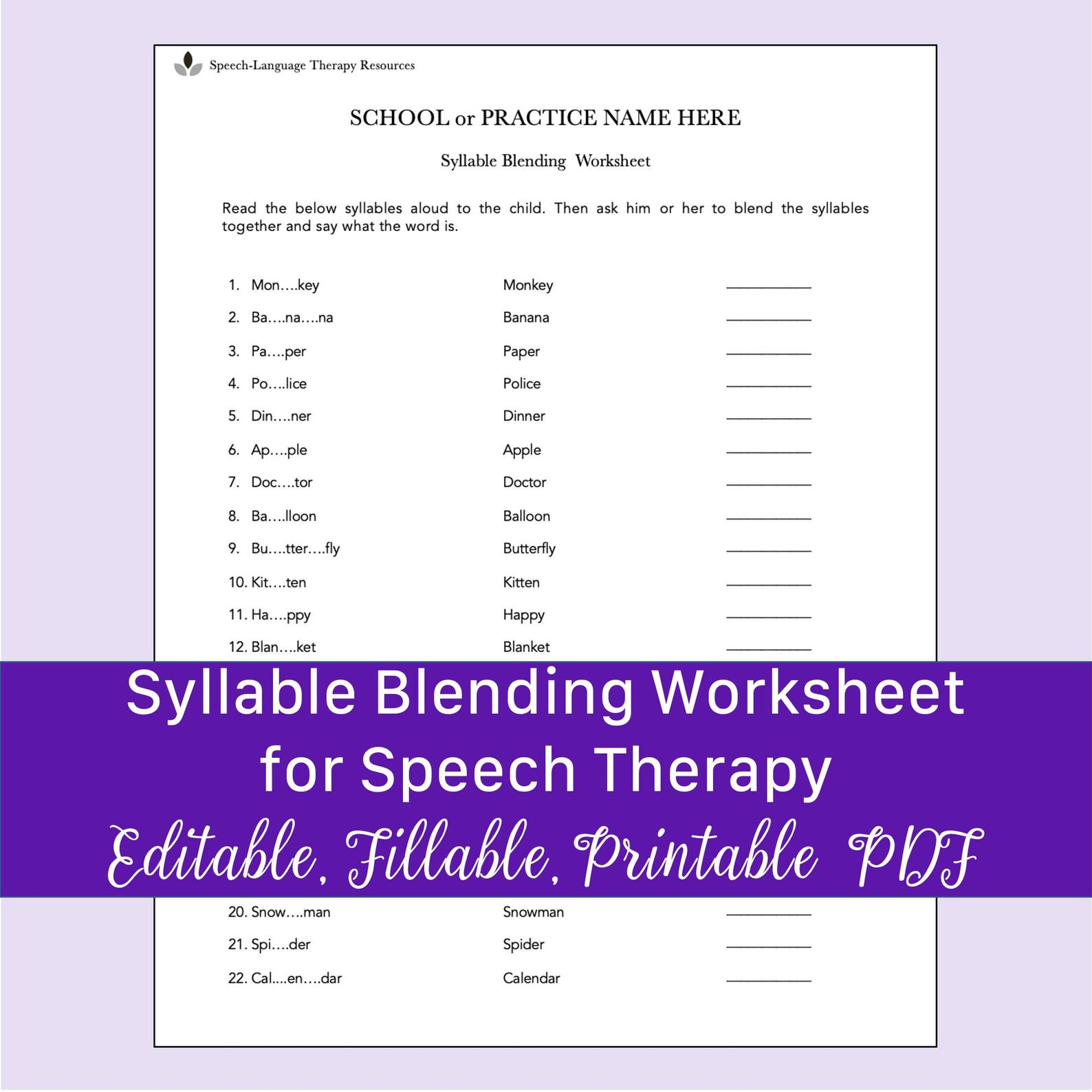 Syllable Blending Worksheet for Speech Therapy Fillable, Printable PDF ...