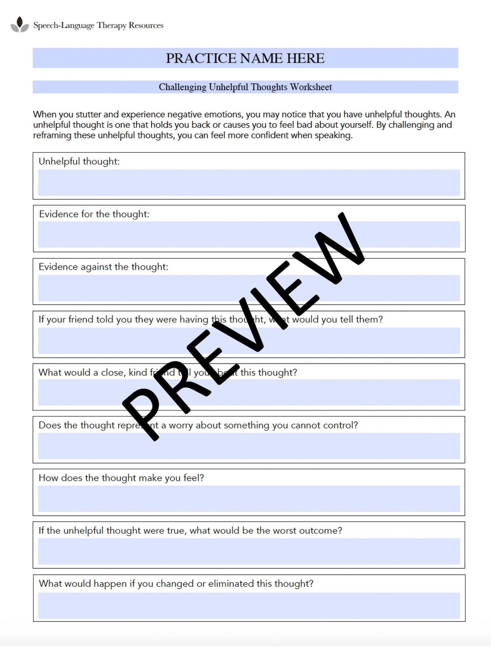 Challenging Unhelpful Thoughts Worksheet for Stuttering | Editable ...