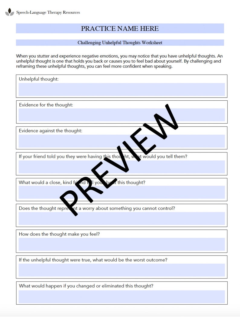 Challenging Unhelpful Thoughts Worksheet for Stuttering | Editable ...