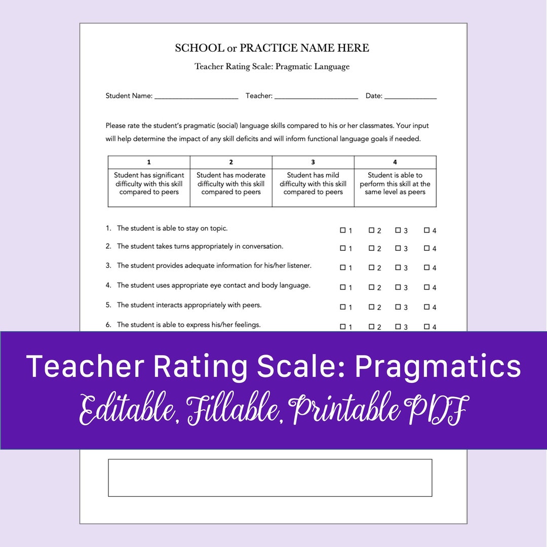 Teacher Rating Scale: Pragmatic Language for Speech Therapy | Fillable ...