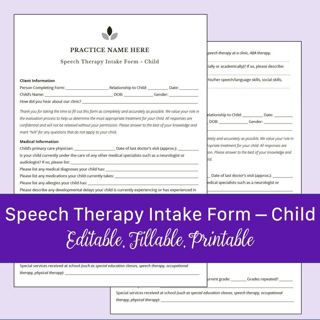 Speech Therapy Intake Form - Child | Editable, Fillable, Printable - Etsy