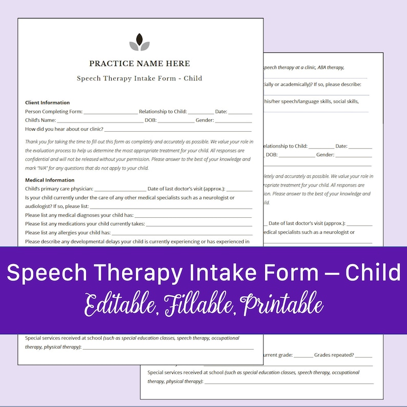 Speech Therapy Intake Form - Child | Editable, Fillable, Printable - Etsy