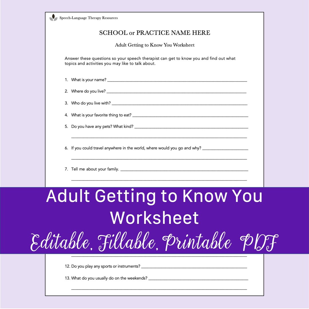 Adult Getting to Know You Worksheet for Speech Therapy | Fillable ...