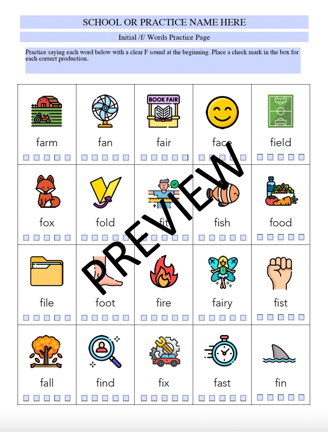 Initial /f/ Words Worksheet for Speech Therapy | Fillable PDF With ...