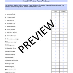 Medial /s/ Words in Phrases Worksheet for Speech Therapy | Printable ...