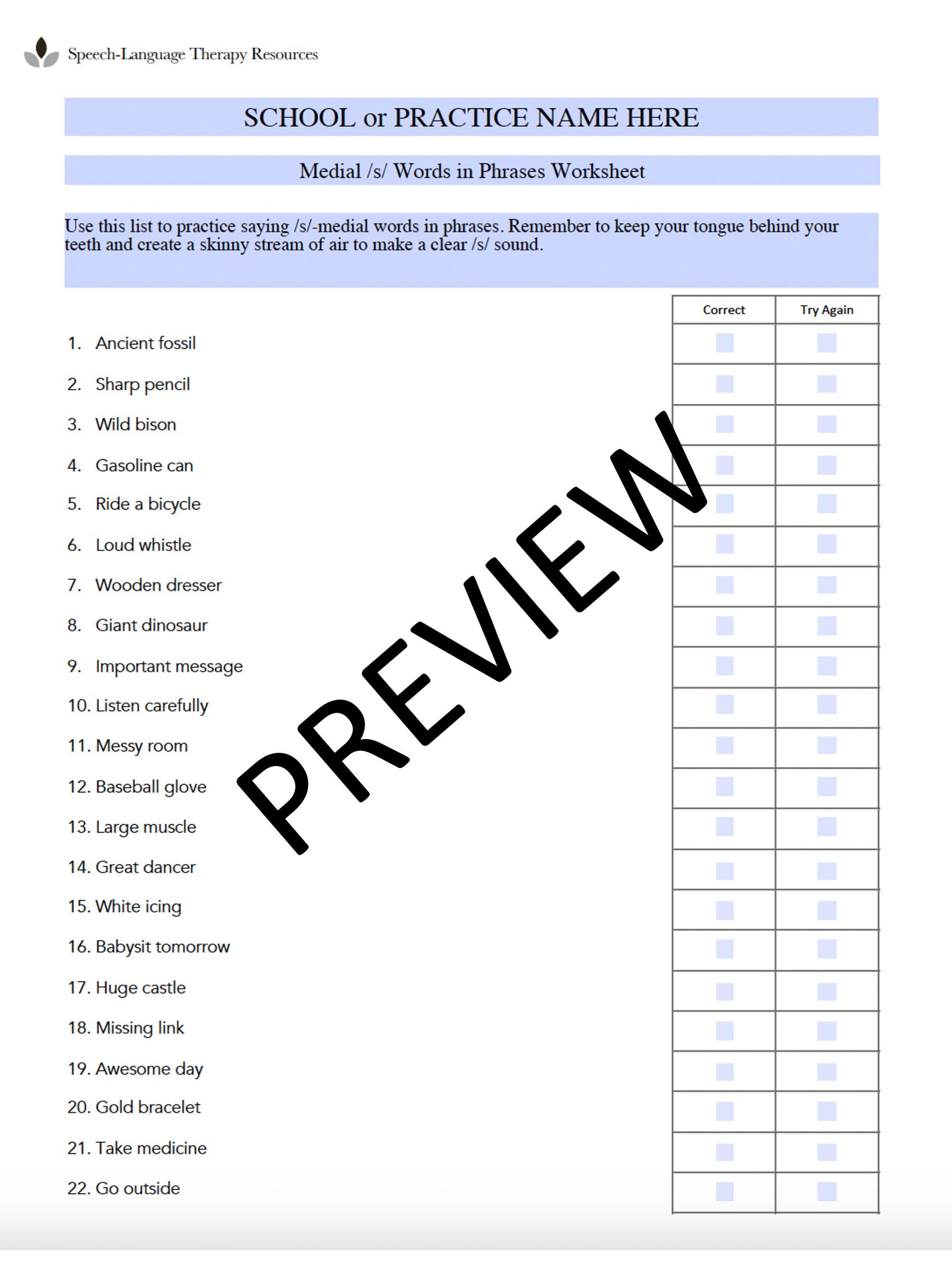 Medial /s/ Words in Phrases Worksheet for Speech Therapy | Printable ...