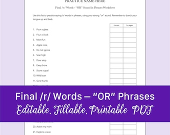 Final R Words AIR Sound Worksheet for Speech Therapy (editable ...