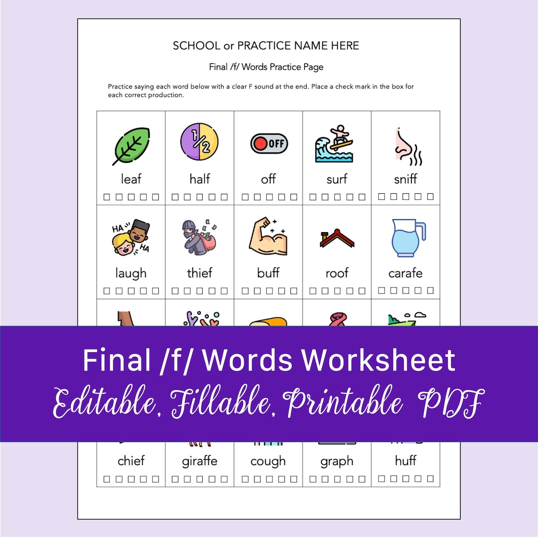 Final /f/ Words Worksheet for Speech Therapy | Fillable PDF With ...