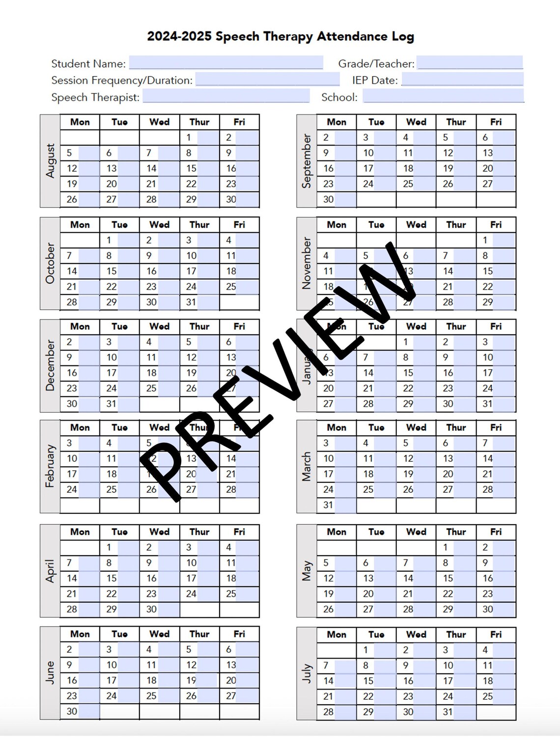 Speech Therapy Attendance Log 2024-2025 School Year | Fillable ...