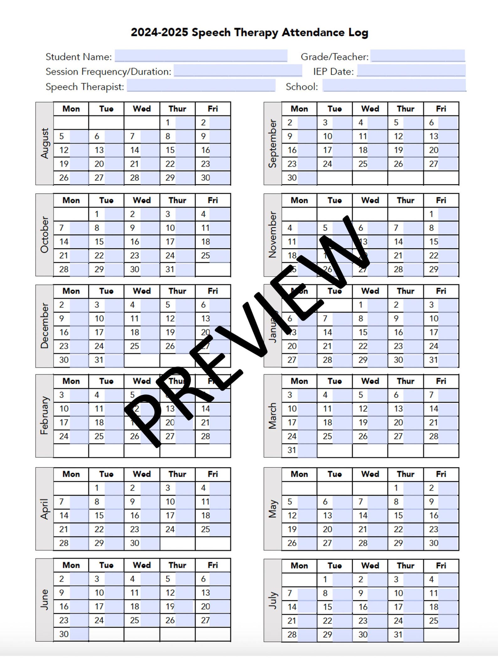 Speech Therapy Attendance Log 2024-2025 School Year | Fillable ...