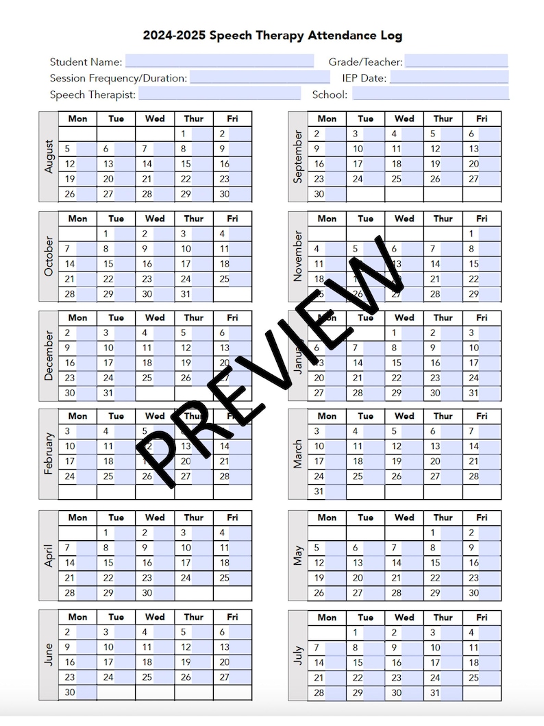 Speech Therapy Attendance Log 2024-2025 School Year | Fillable ...