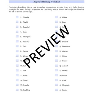 Adjective Matching Worksheet for Speech Therapy | Fillable, Printable ...