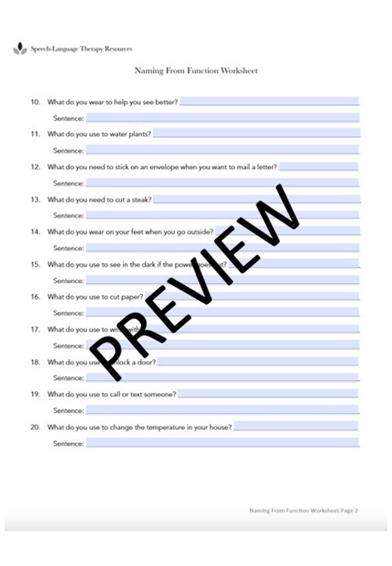 Aphasia Worksheet - Naming From Function - Fillable PDF W Editable ...