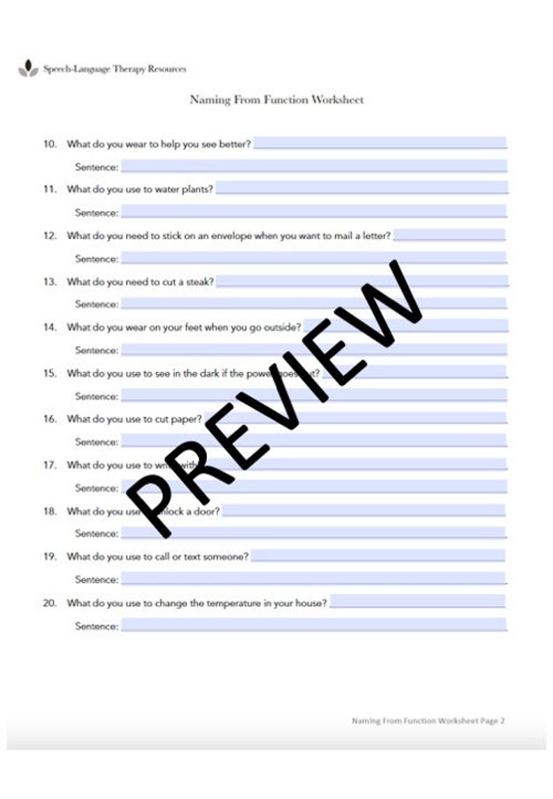 Aphasia Worksheet - Naming From Function - Fillable PDF W Editable ...