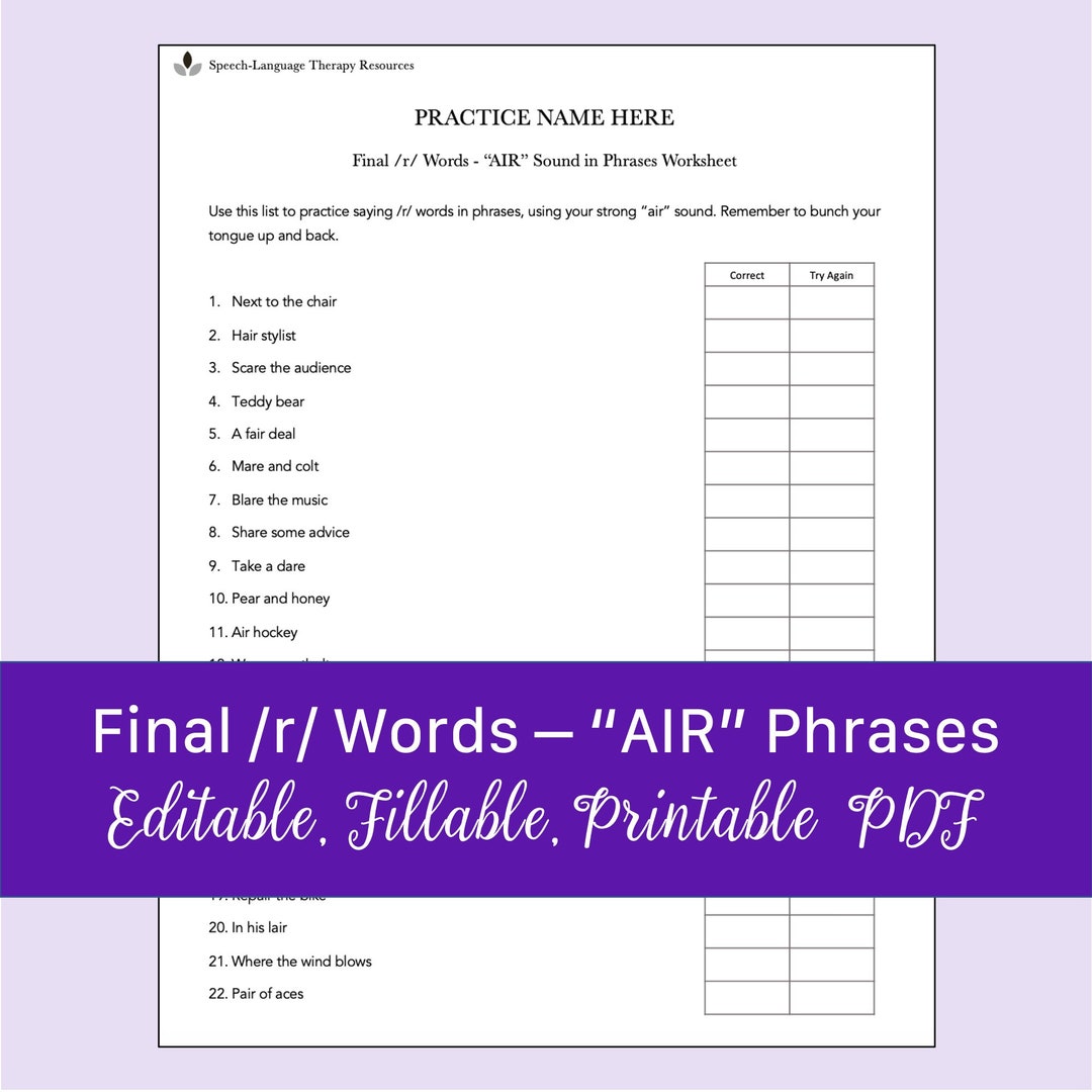 Final /r/ Words - "air" Sound in Phrases Worksheet for Speech Therapy ...