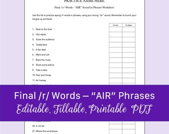 Final /R/ Words “AIR” Phrases Worksheet for Speech Therapy (editable ...
