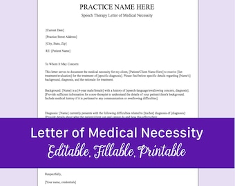 Letter of Medical Necessity for Speech Therapy (editable, Fillable ...