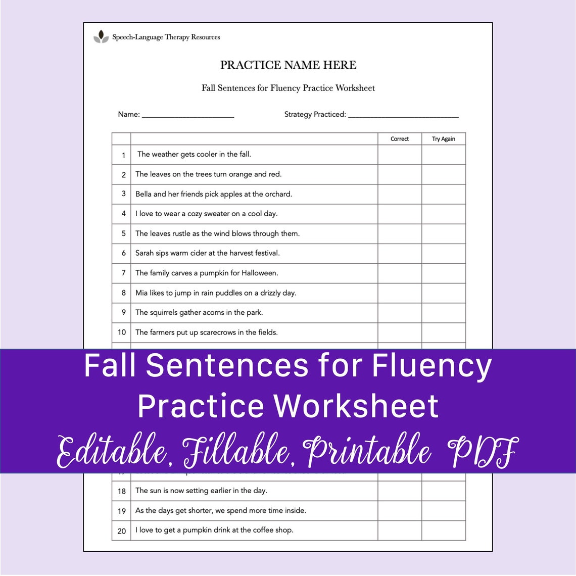 Fall Sentences for Fluency Practice Worksheet | Editable, Fillable ...