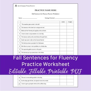Fall Sentences for Fluency Practice Worksheet Editable, Fillable ...