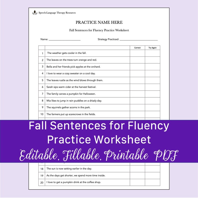 Fall Sentences for Fluency Practice Worksheet Editable, Fillable ...