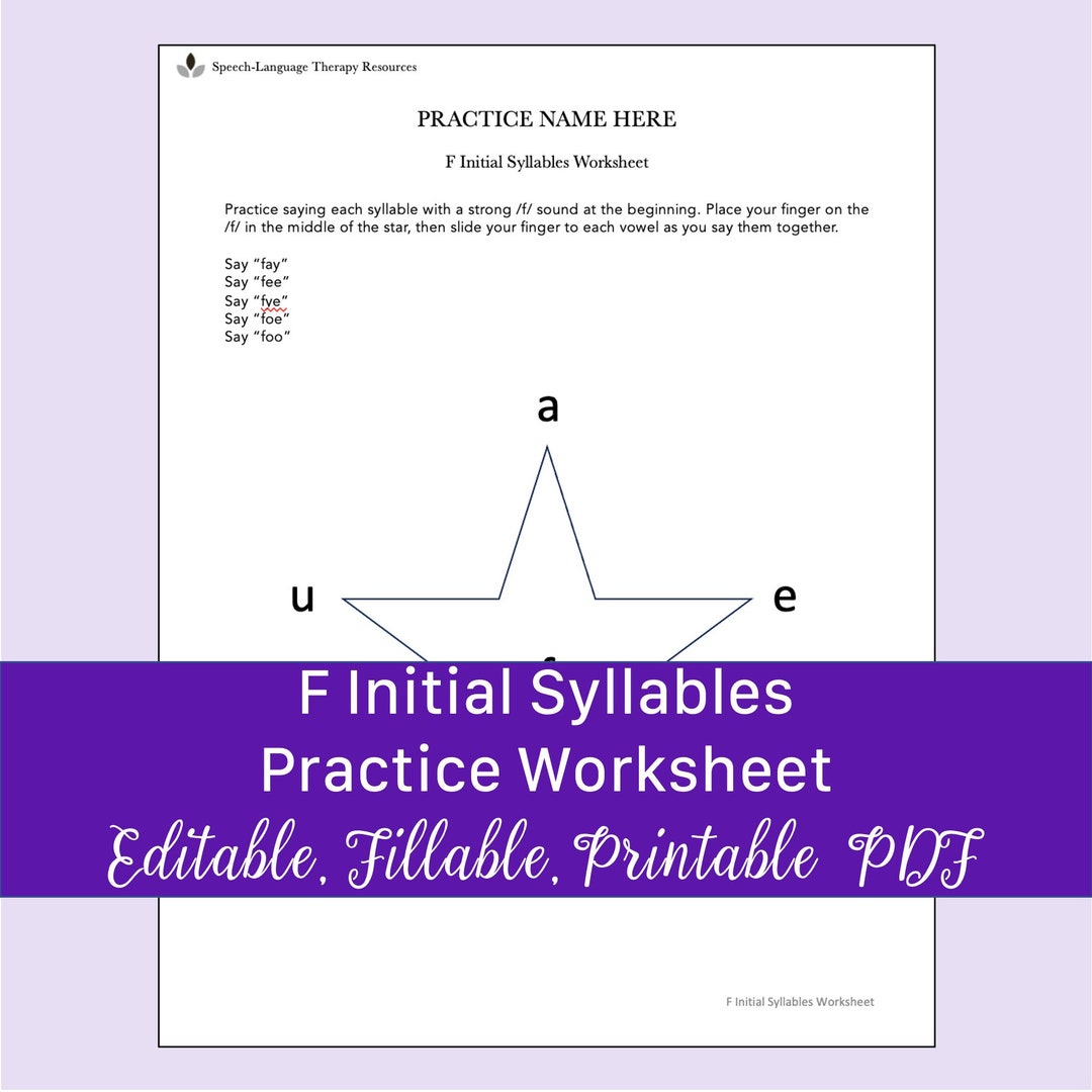F Initial Syllables Worksheet for Speech Therapy | Fillable PDF With ...