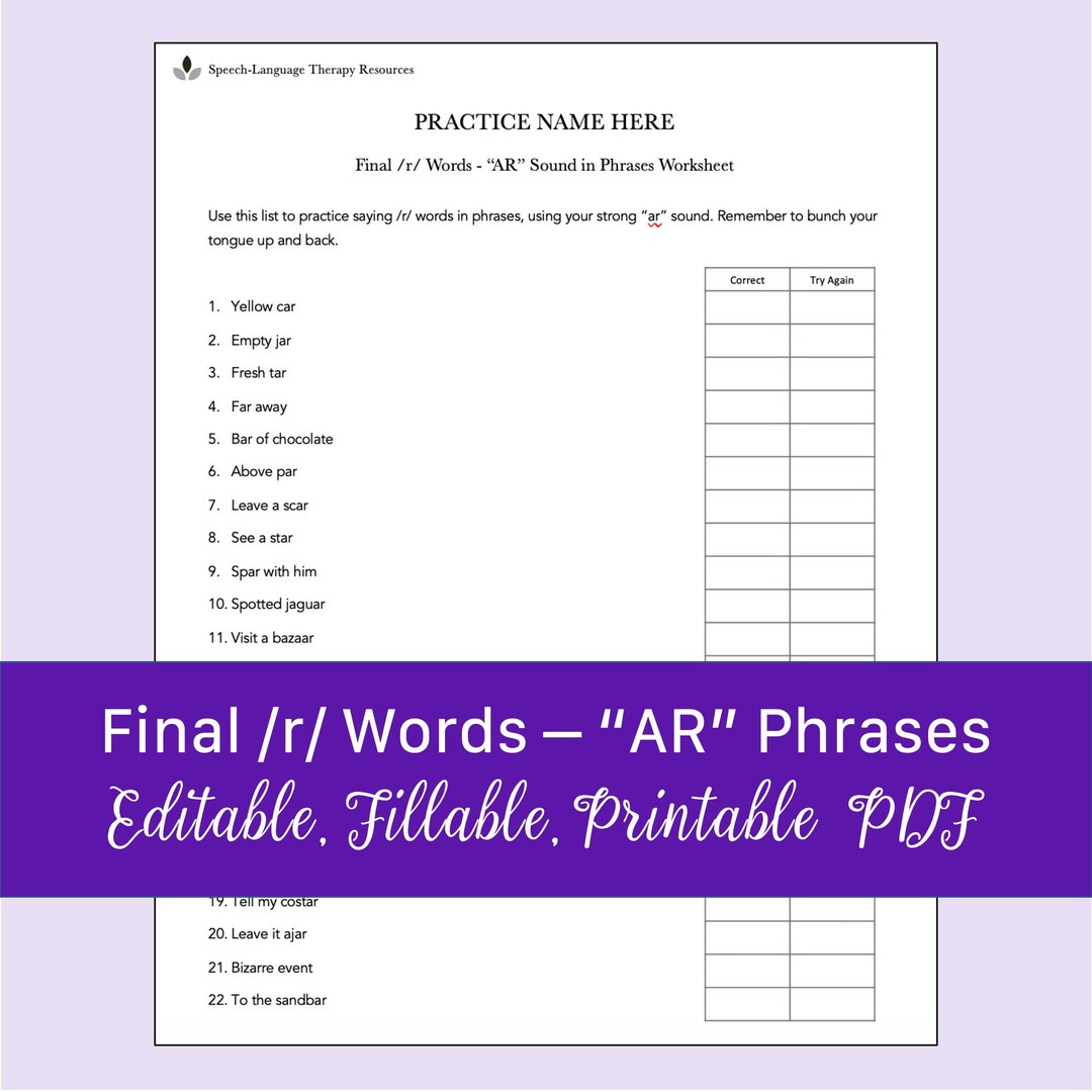 Final /r/ Words - "ar" Sound in Phrases Worksheet for Speech Therapy ...
