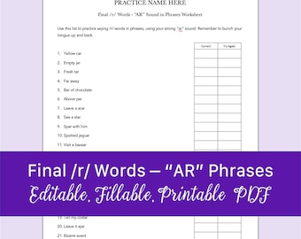 Final /r/ Words - "ar" Sound in Sentences Worksheet for Speech Therapy ...