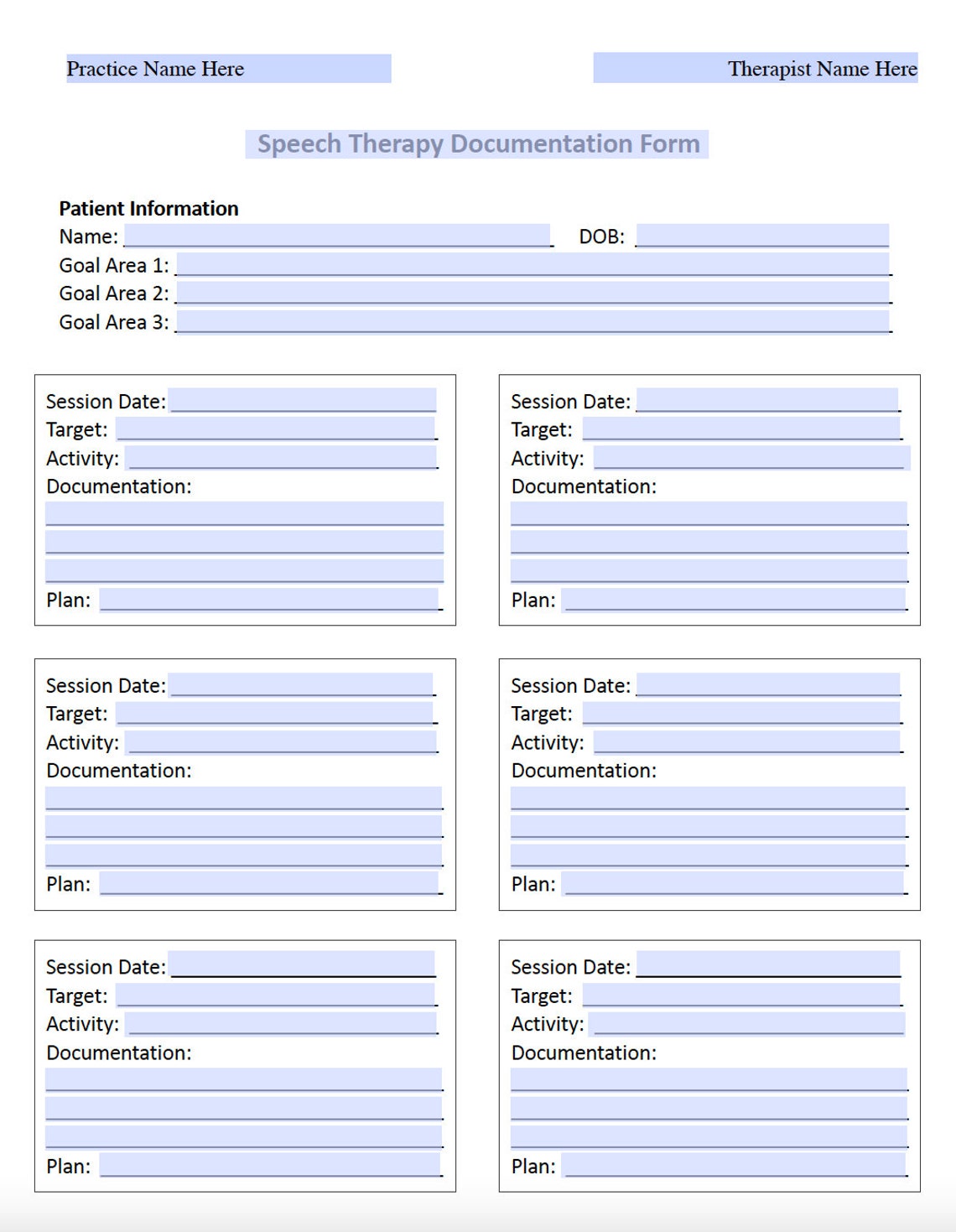 Speech Therapy Documentation Form | Editable, Fillable, Printable PDF ...