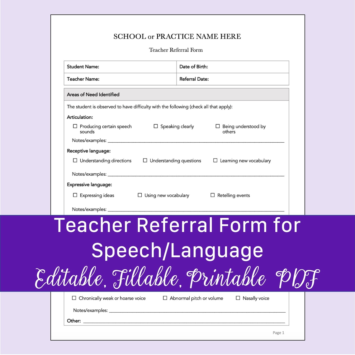 Teacher Referral Form for Speech/language | Fillable, Printable PDF ...