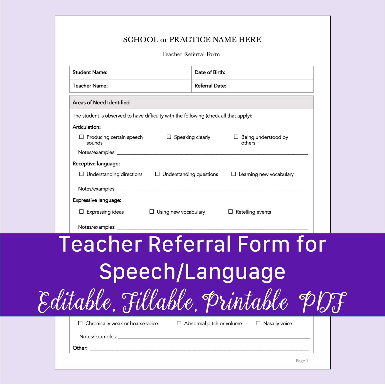 Teacher Referral Form for Speech/language | Fillable, Printable PDF ...