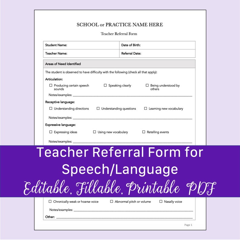 Teacher Referral Form for Speech/language | Fillable, Printable PDF ...