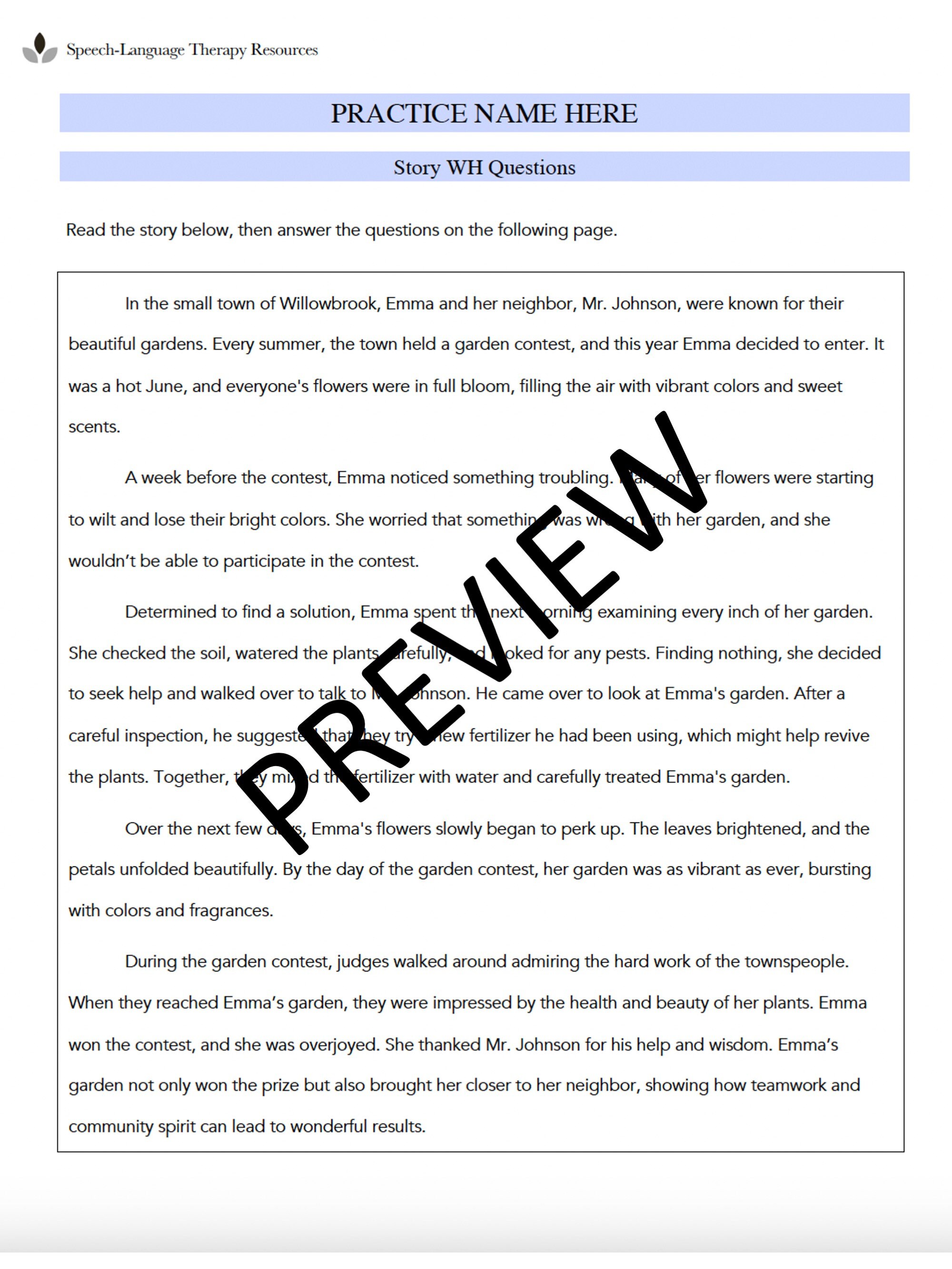 Story WH Questions for Speech Therapy Fillable, Printable PDF - Etsy