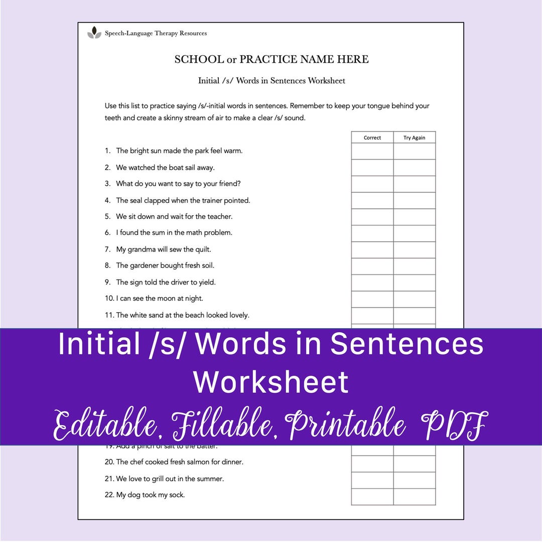 Initial /s/ Words in Sentences Worksheet for Speech Therapy | Printable ...