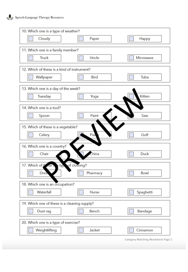Category Matching Worksheet for Speech Therapy Fillable, Printable PDF ...